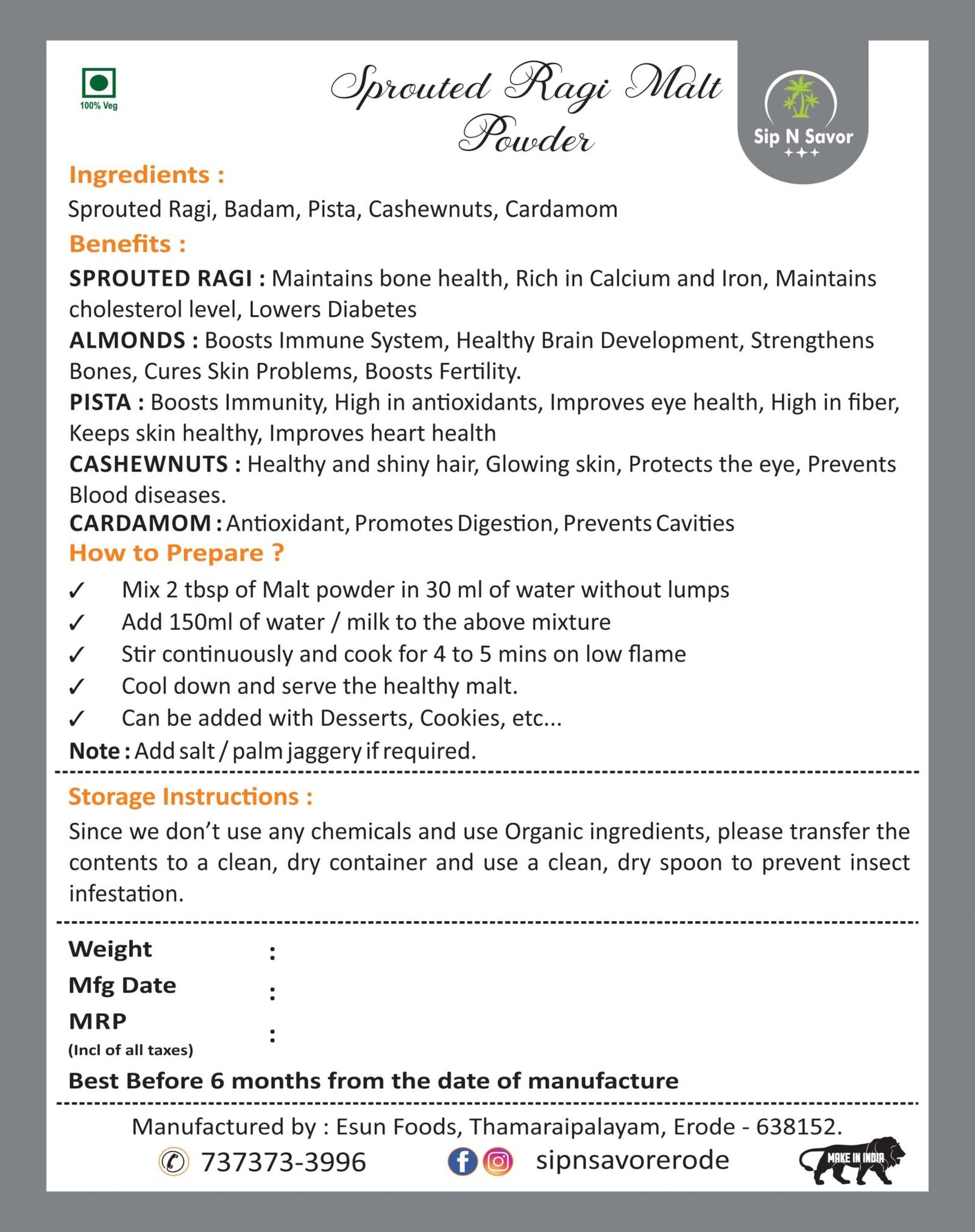Sprouted Ragi Malt Powder – Sip n Savor